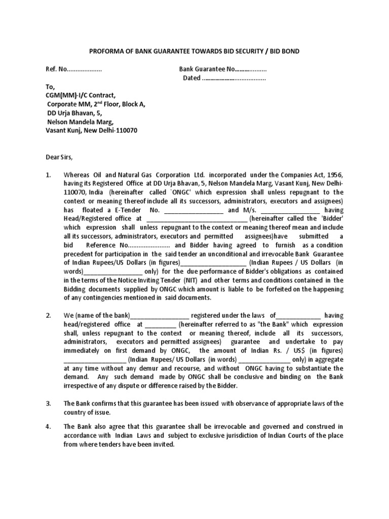 Proforma of Bank Guarantee Towards Bid Security | Download Free PDF ...