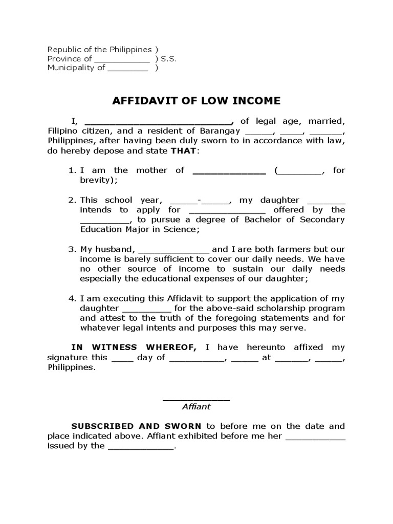 AFFIDAVIT OF LOW INCOME Form | PDF | Affidavit | Public Law