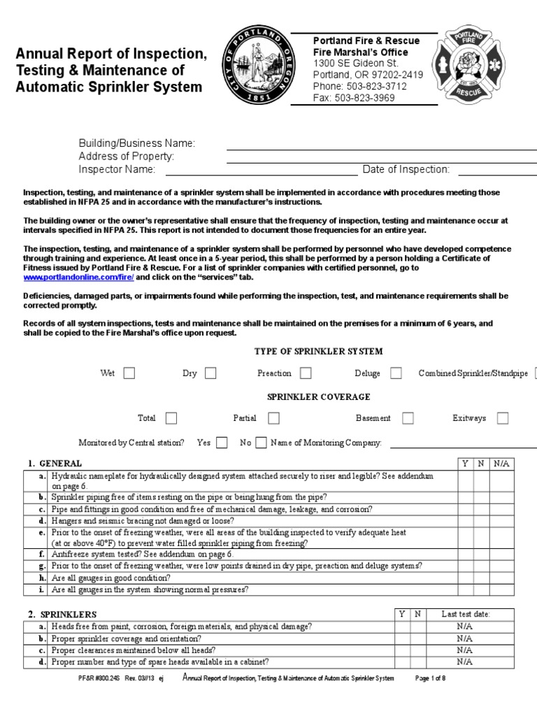 Sprinkler Report NFPA 25 03.27.13 | PDF | Fire Sprinkler System | Valve