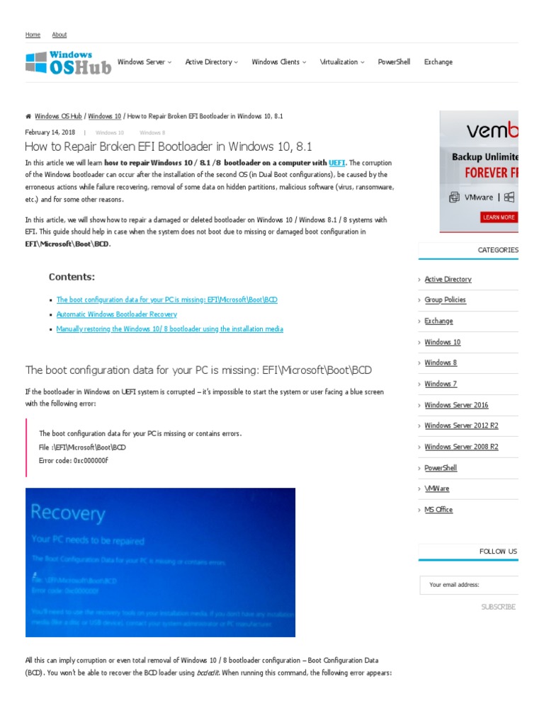 How To Repair Broken Efi Bootloader In Windows 10 8 1 Windows Os Hub
