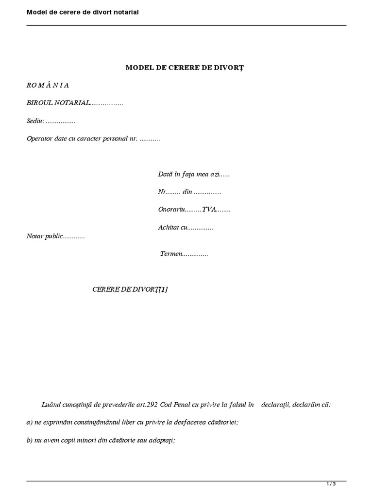 Model de Cerere de Divort Notarial | PDF