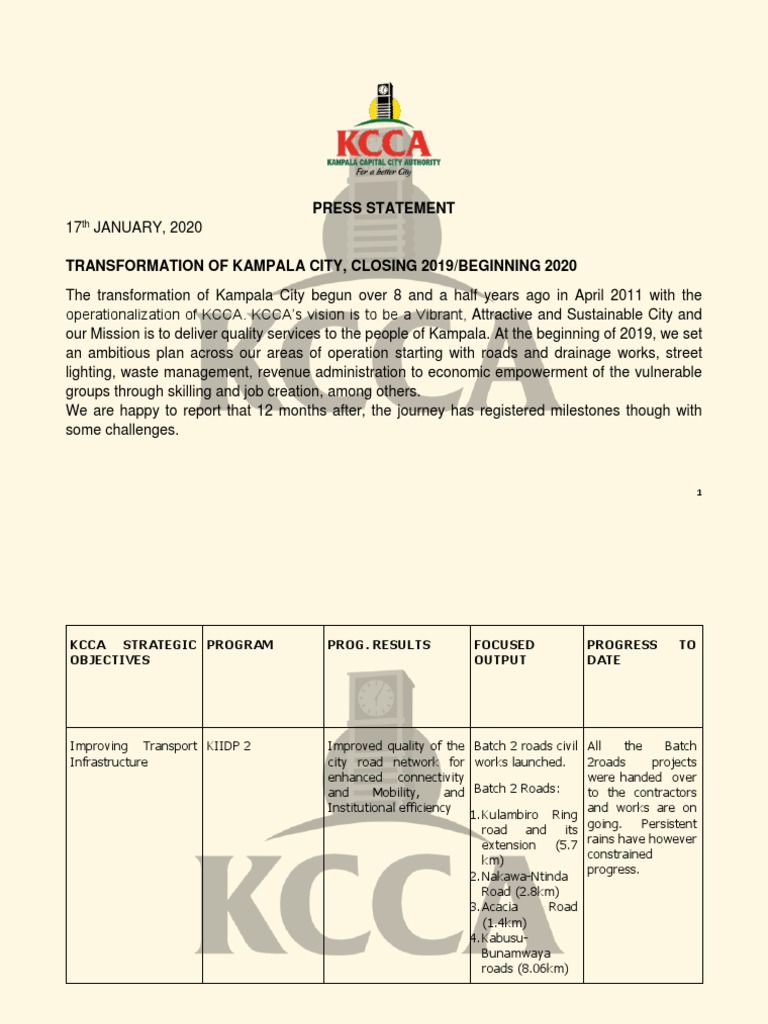 KCCA Presentation On Transformation of Kampala City - 17th, Jan 2020. | Download Free PDF ...