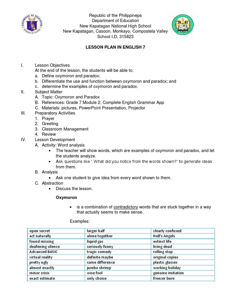 Oxymoron and Paradox Lesson Plan | PDF | Lesson Plan | Cognition