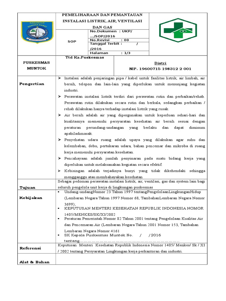 8512 Sop Pemeliharaan Dan Pemantauan Instalasi Listrik, Air, Ventilasi, Gas | PDF | Griya ...