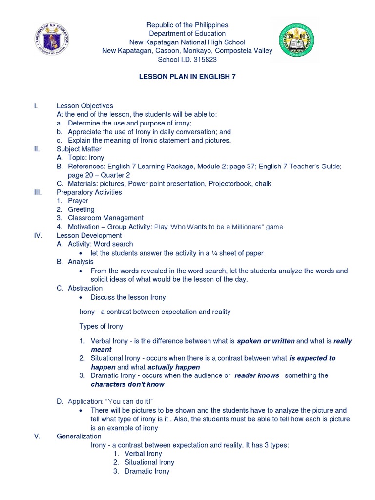 Lesson Plan in English 7 | PDF | Irony | Lesson Plan