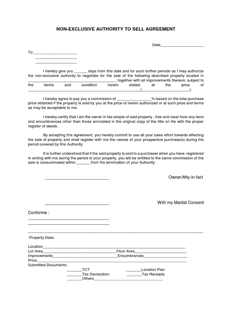 Non-Exclusive Authority To Sell Agreement | PDF | Private Law | Law And ...