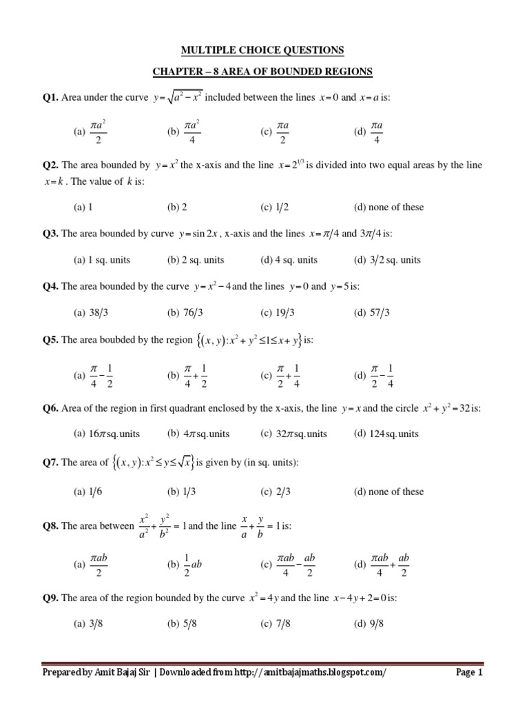 CH 8 Area Under Curve Multiple Choice Questions With Answers PDF | PDF ...