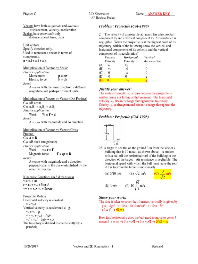 Homework 2 Projectile Motion Ans Key | PDF | Acceleration | Kinematics