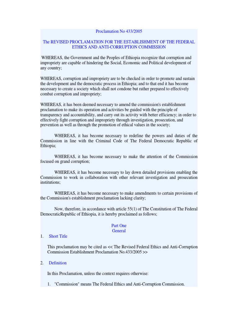 Proclamation No 433-2005 | PDF | Prosecutor | Corruption