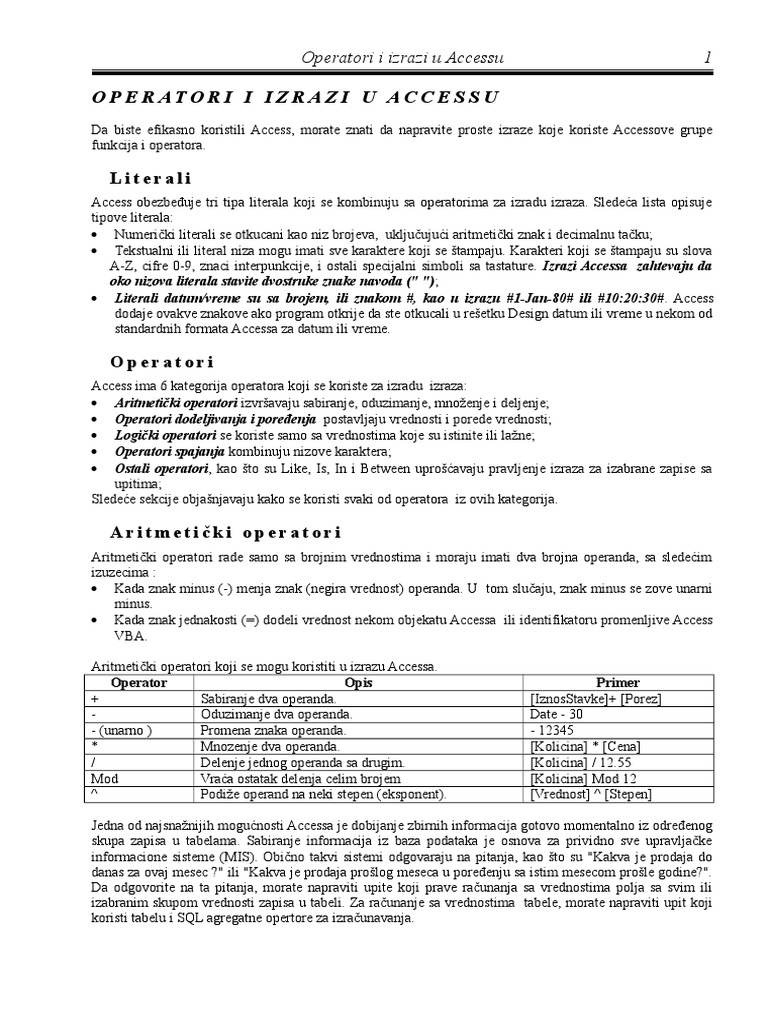 Operatori I Izrazi U Accessu | PDF