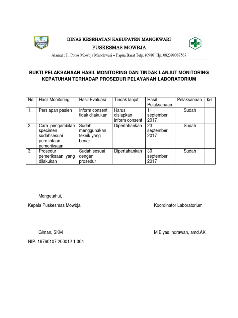 Bukti Pelaksanaan Hasil Monitoring Dan Tindak Lanjut Kepatuhan Pelayanan Laboratorium | PDF
