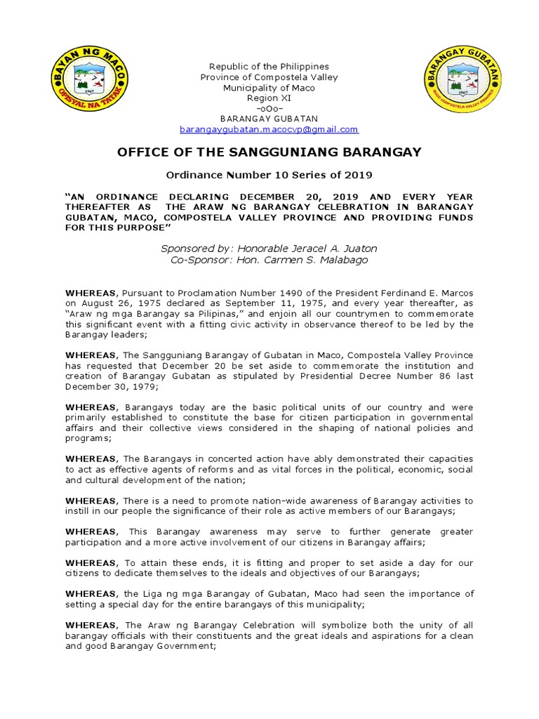 Barangay Ordinance Number 10 Araw NG Barangay | PDF | Social ...