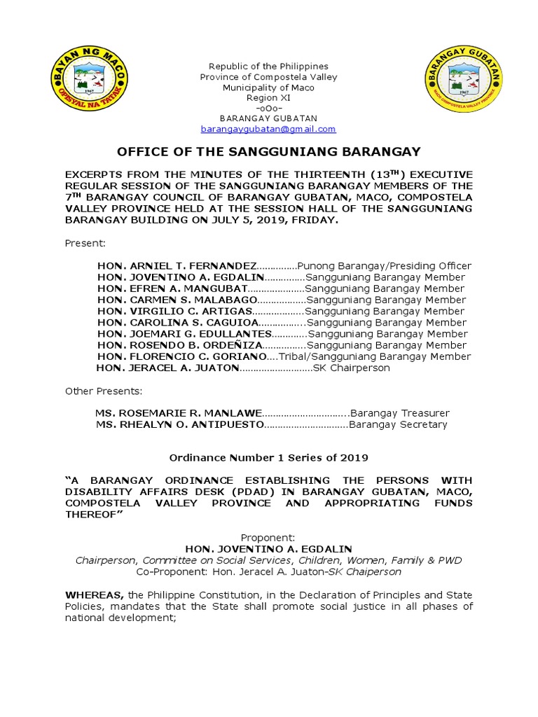 Barangay Ordinance Number 1 Series of 2019 PWD Desk | PDF | Disability ...