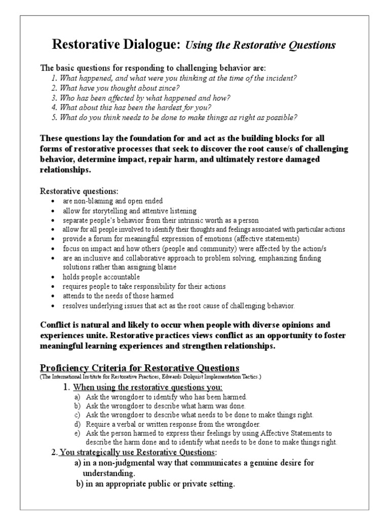 Restorative Questions for Conflict Resolution | PDF | Affect ...