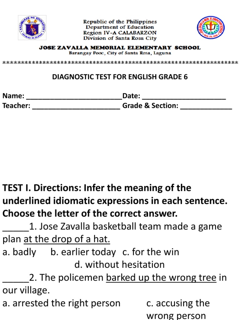 Diagnostic Test For English Grade 6 | PDF | Linguistic Morphology | Syntax