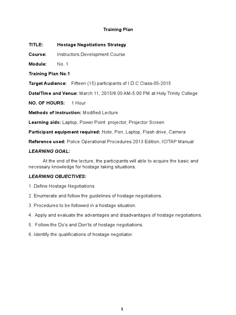 Hostage Negotiations Training Plan | PDF | Hostage | Negotiation