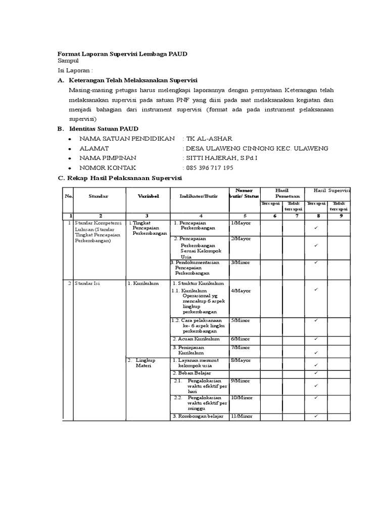Format Laporan Supervisi-PAUD | PDF