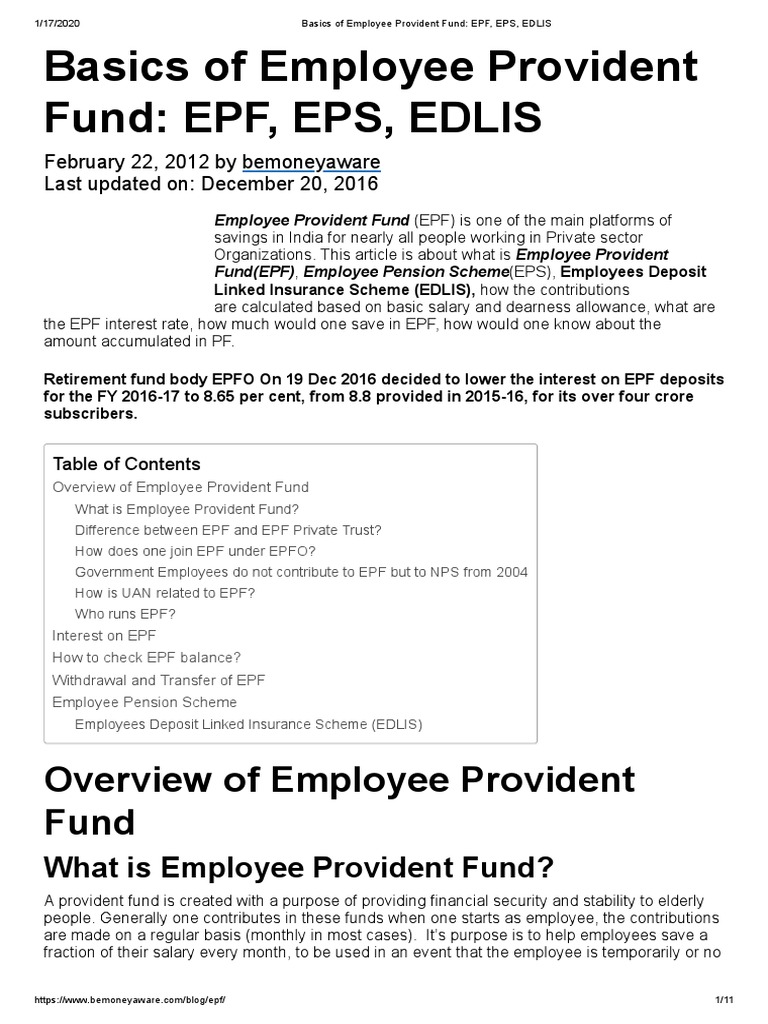 Basics of Employee Provident Fund - EPF, EPS, EDLIS PDF | PDF | Pension ...