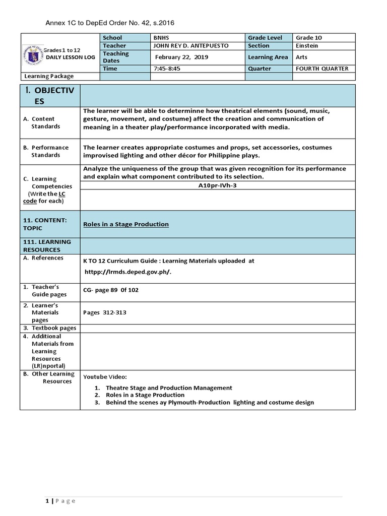 3rd Observation COT Roles in A Stage Production | PDF | Actor | Theatre