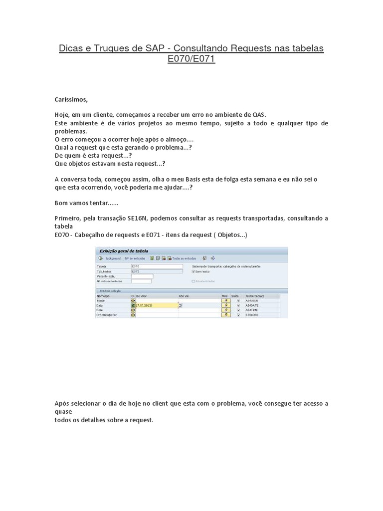 Dicas e Truques de SAP Consultando Requests Nas Tabelas E070 - E071 | PDF