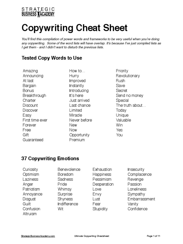 SBA - Ultimate Copywriting Cheat Sheet | PDF | Psychological Concepts SBA - Ultimate Copywriting Cheat Sheet | PDF | Psychological Concepts