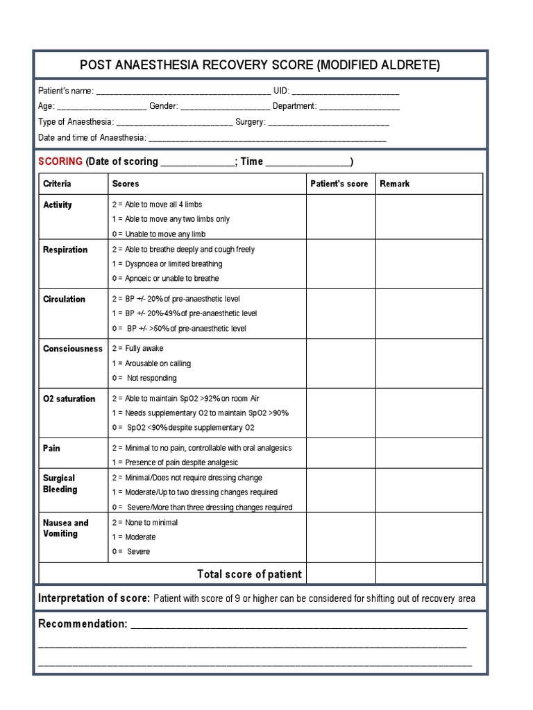 Post Anaesthesia Recovery Score PDF | PDF