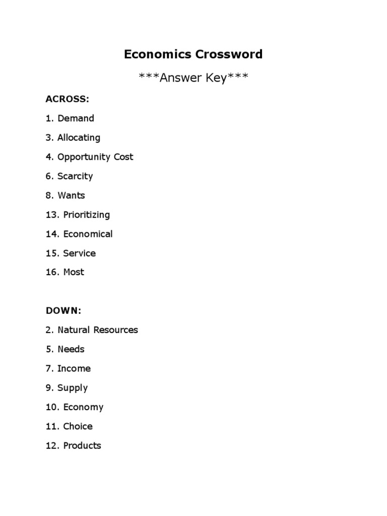 Economics Crossword Answer Key | PDF