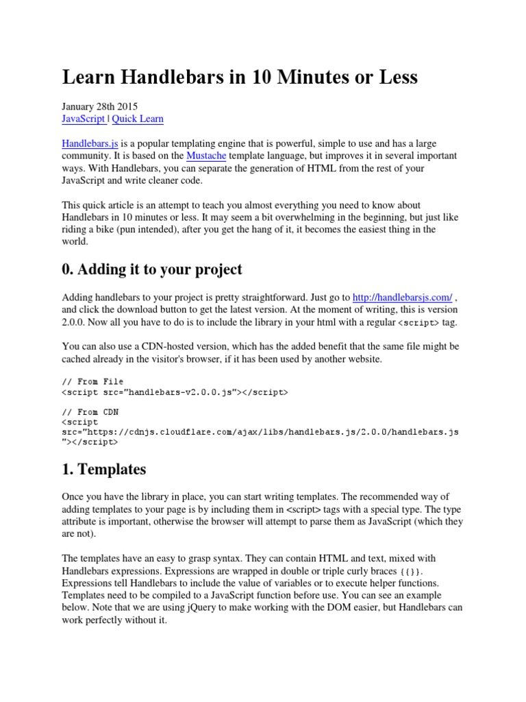 Learn Handlebars in 10 Minutes or Less | PDF | Java Script | Computer ...