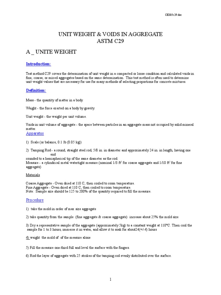 Astm C29 | PDF | Weight | Wear