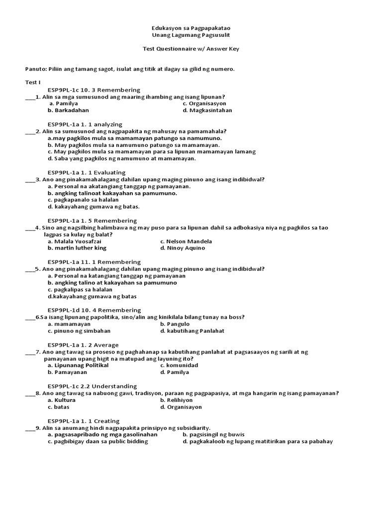 Answer Key 1st GRADING | PDF
