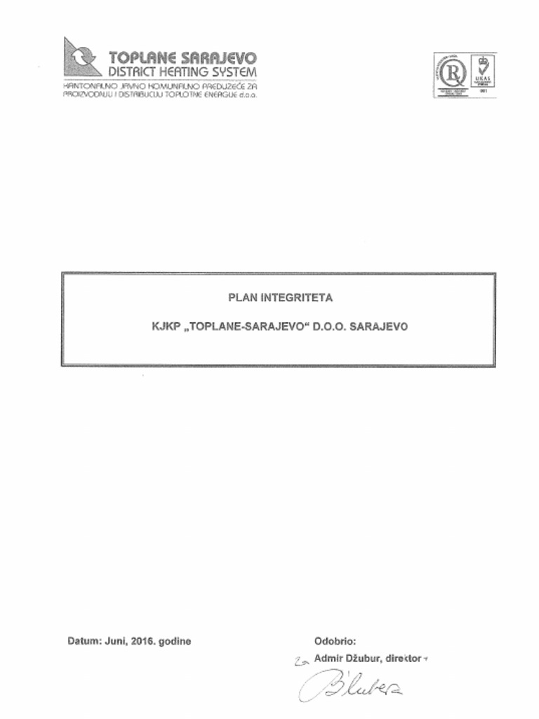 Plan - Integriteta KJKP Toplane - Sarajevo PDF | PDF