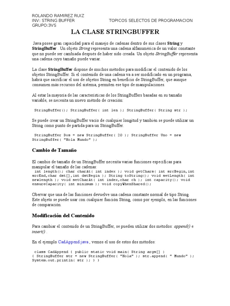 La Clase String Buffer | PDF | Cadena (informática) | Java (lenguaje de programación)