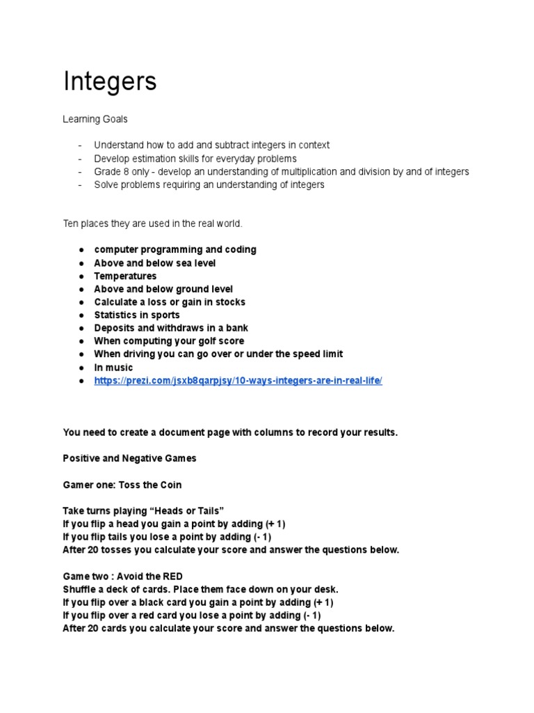 Integers | PDF | Games & Activities