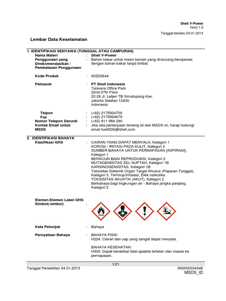 MSDS Shell V-Power | PDF