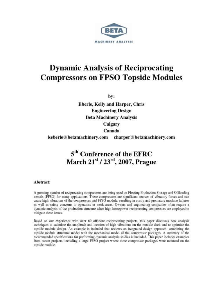 Dynamic Analysis of Reciprocating Compressors On FPSO Topside Modules ...