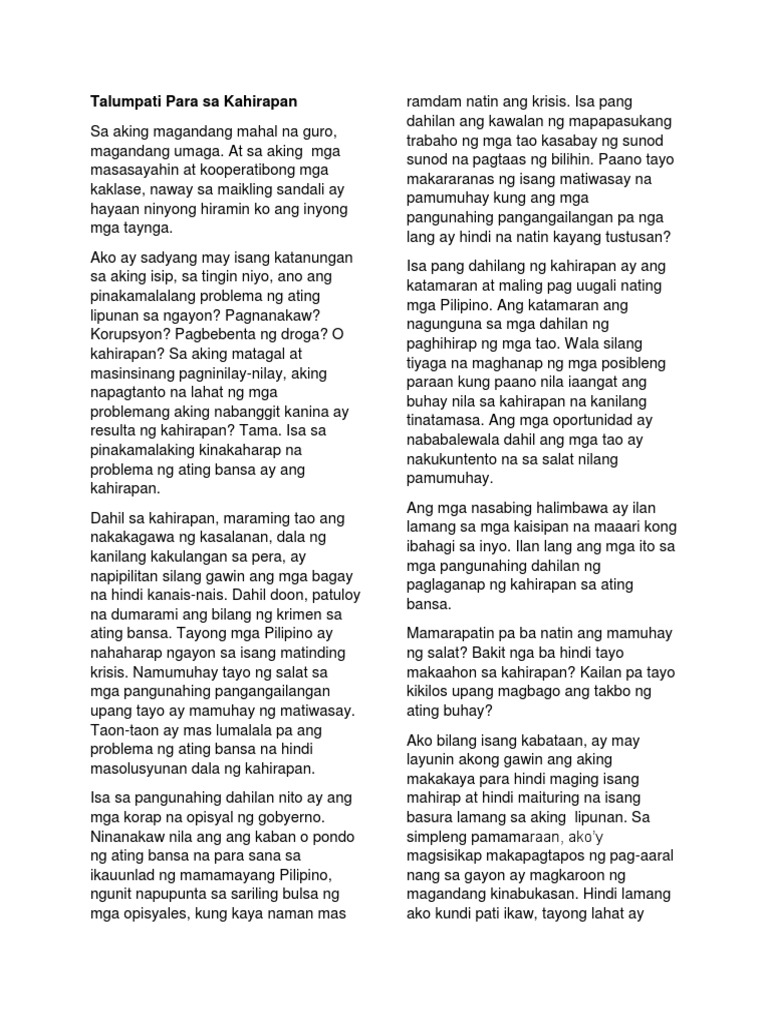 Talumpati para Sa Kahirapan | PDF