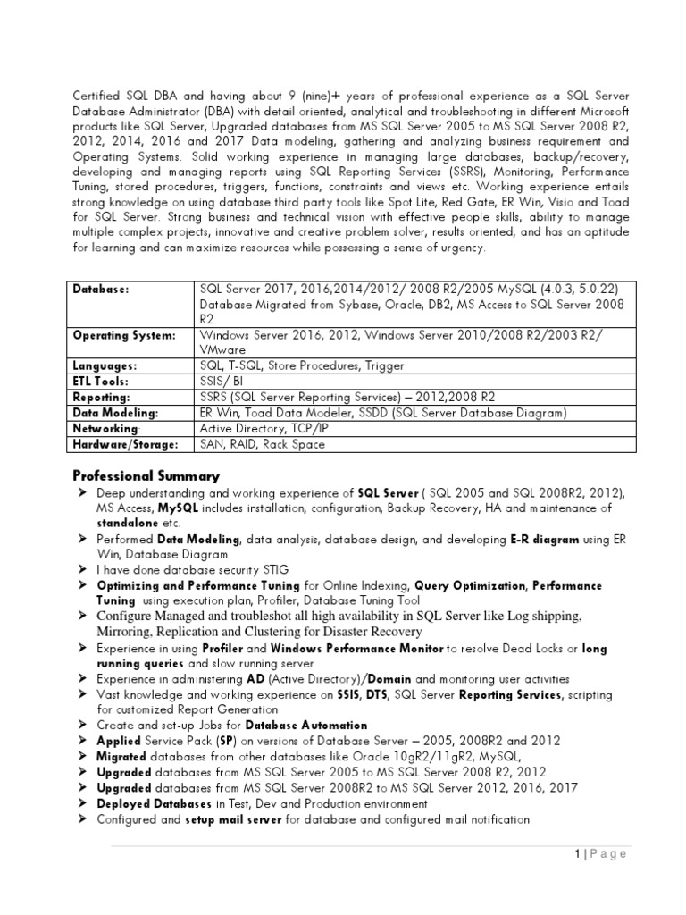 SQL DBA Sample Resume | PDF | Microsoft Sql Server | Databases