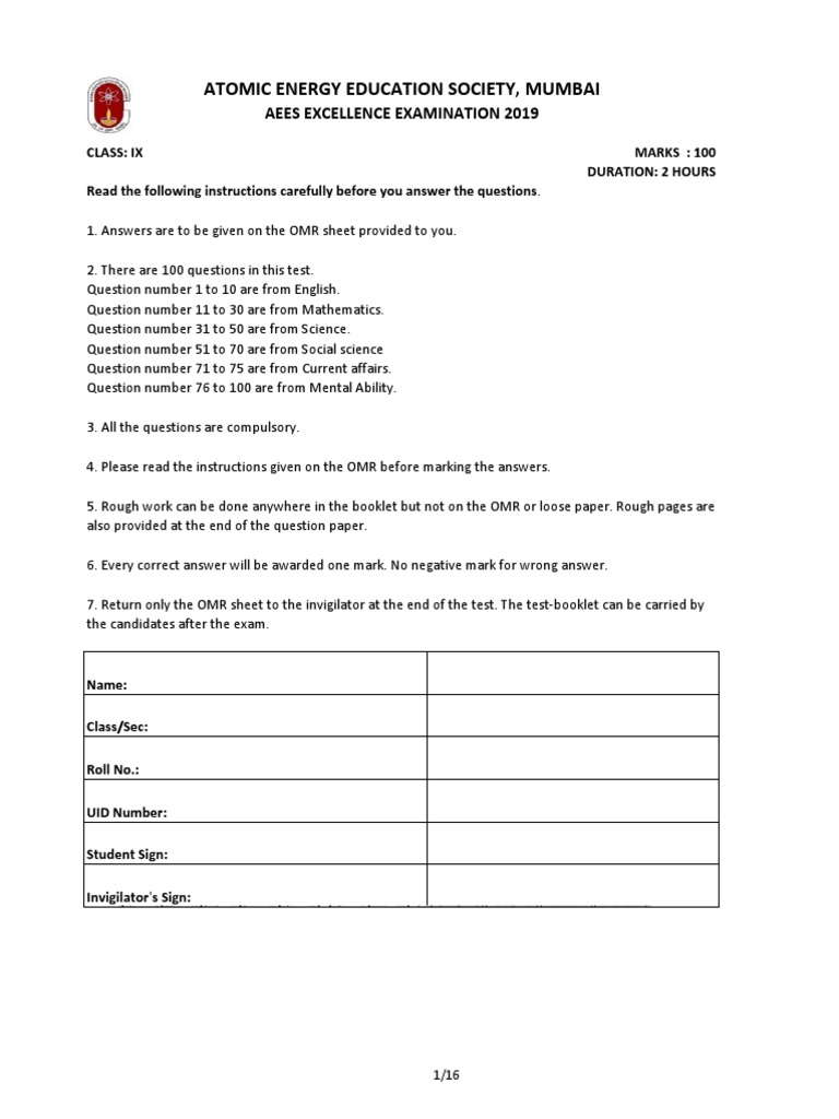 AEES Excellence Examination Question Paper and Answer Key-2019 ...