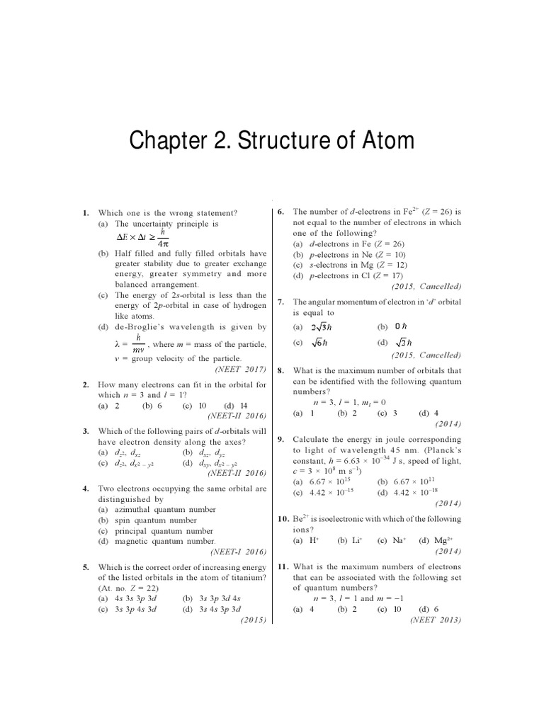 Atomic Structure Neet Previous Year Solved Paper. | PDF | Atomic ...