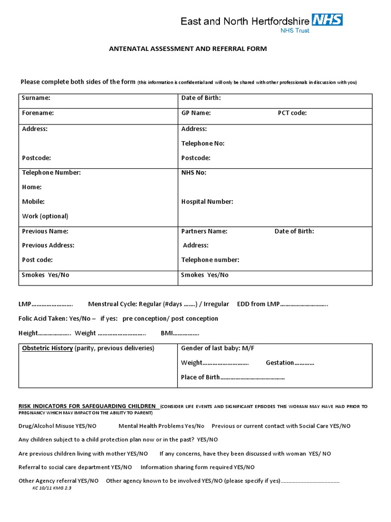 Maternity Unit Antenatal Assessment Referral Form | PDF | Midwife ...