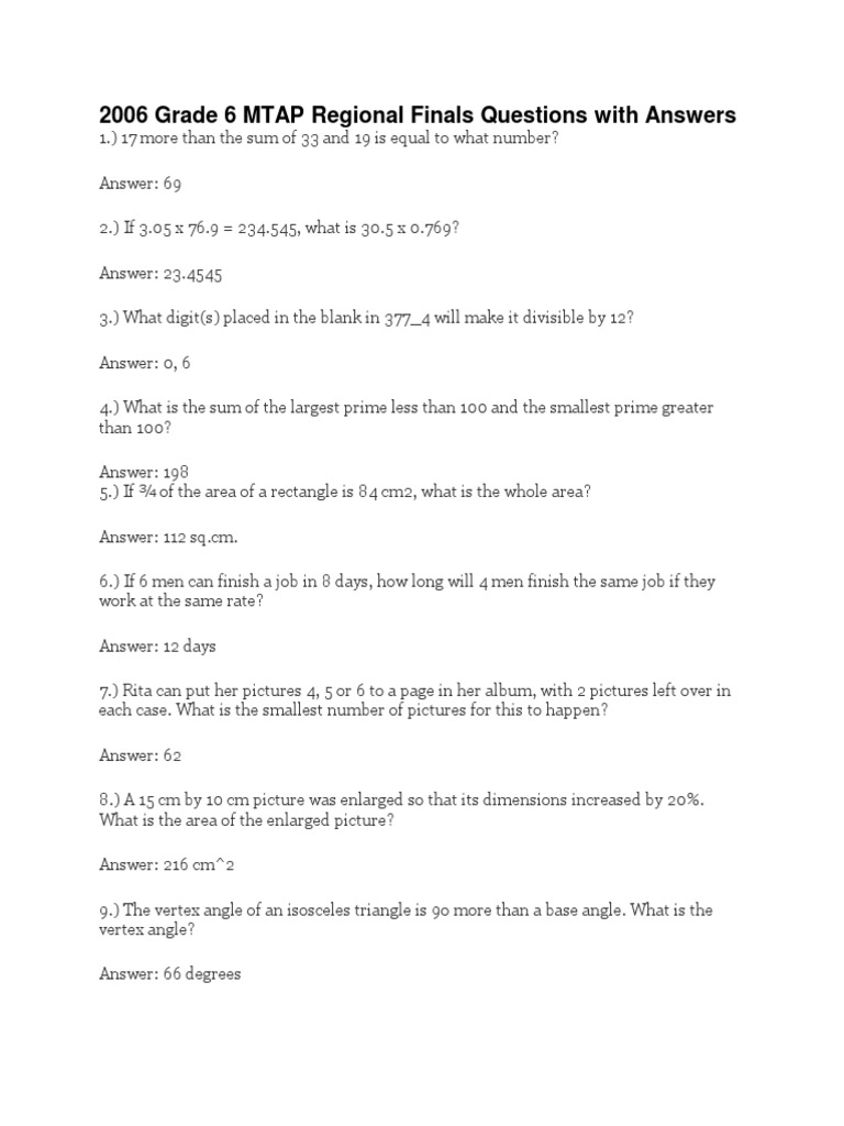 2006 Grade 6 MTAP Regional Finals Questions With Answers | PDF ...