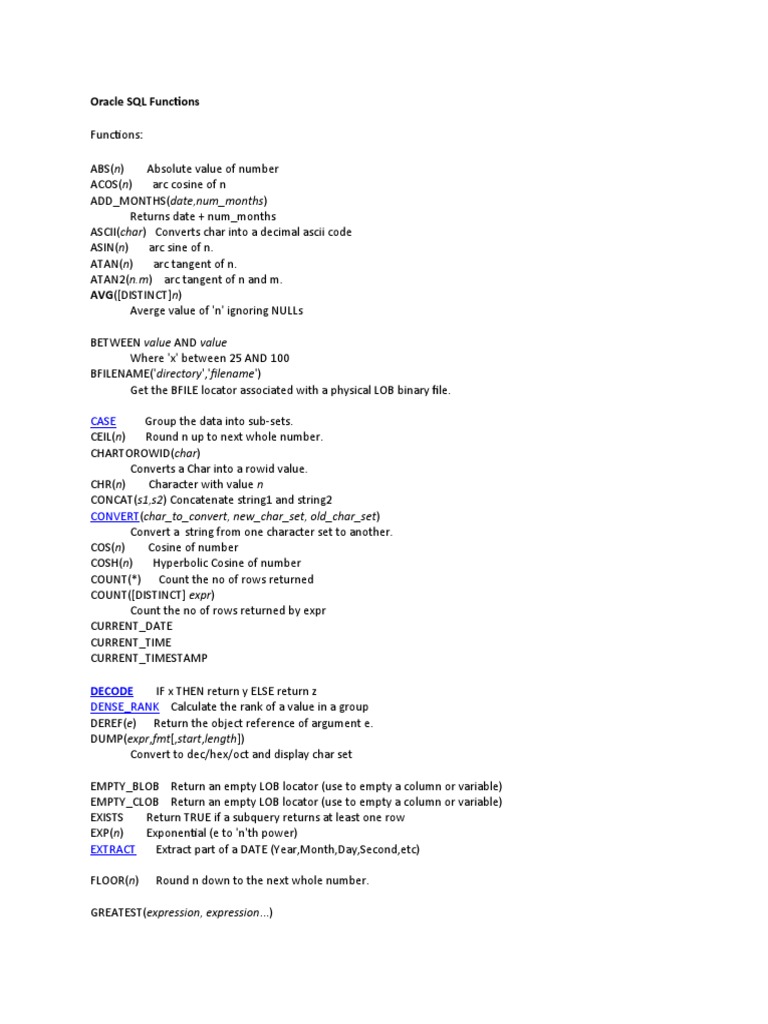 Oracle Sql Functions Pdf Trigonometric Functions Data Management