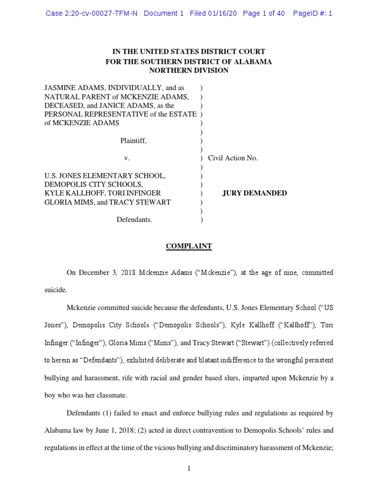 Mckenzie Adams Suicide Lawsuit | PDF | Bullying | Complaint