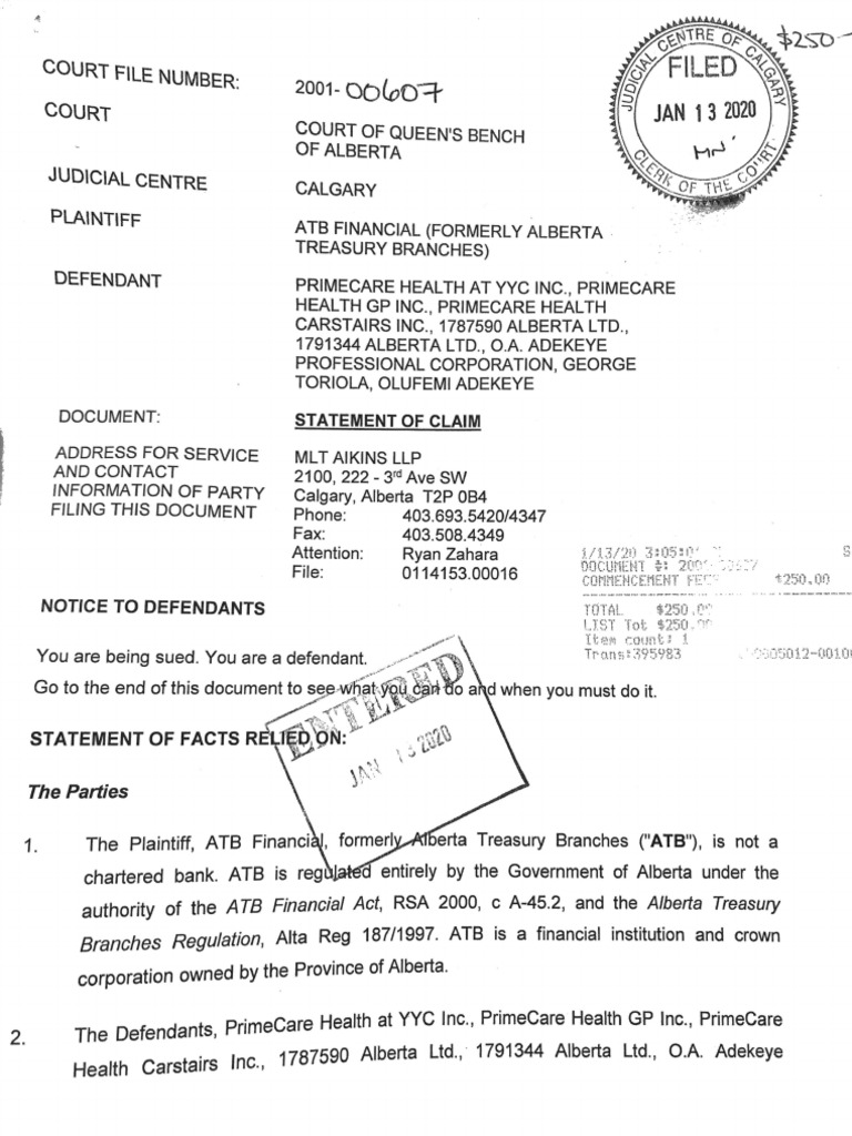 Statement of Claim - ATB Financial v. PrimeCARE Health | PDF