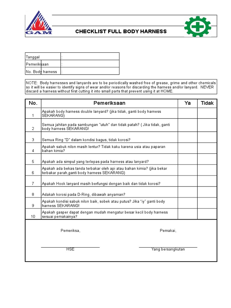 Checklist Full Body Harness & HK HWI | PDF
