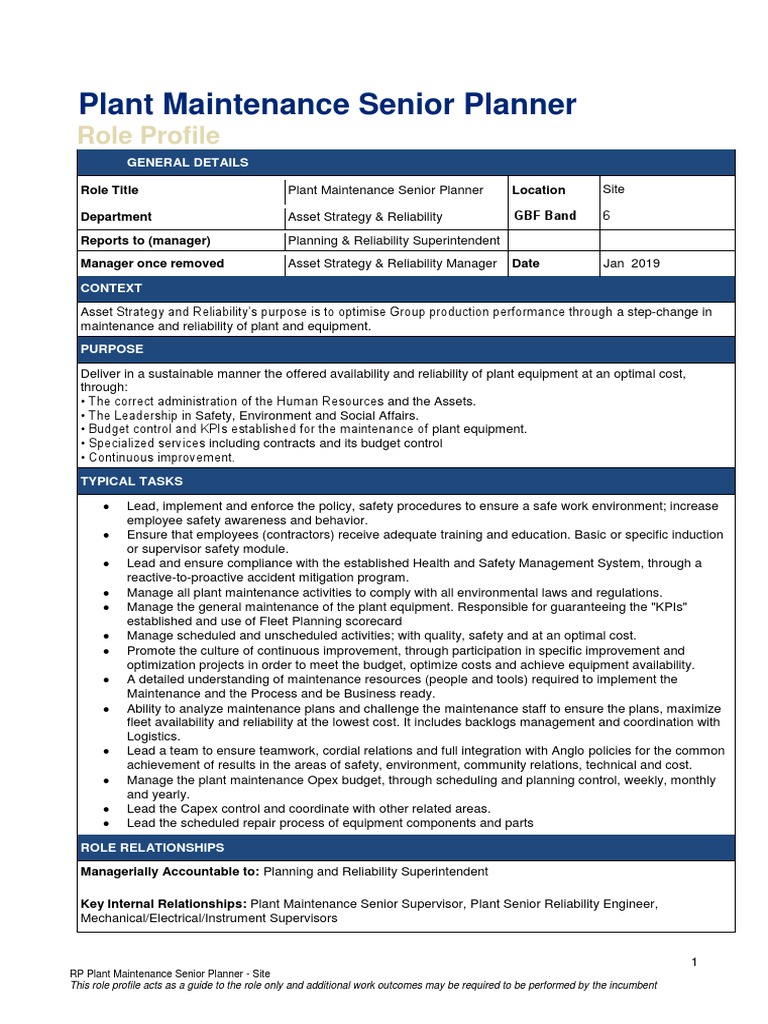 RP Plant Maintenance Senior Planner | PDF | Reliability Engineering ...