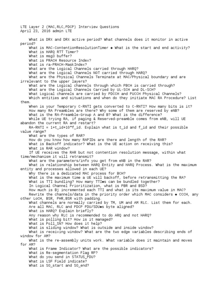 LTE Layer 2 (MAC, RLC, PDCP) Interview Questions | PDF | Computer Networking | Digital Technology