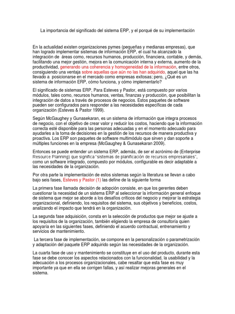 Ensayo de Sistemas de Informacion Erp | PDF | Planificación de recursos ...