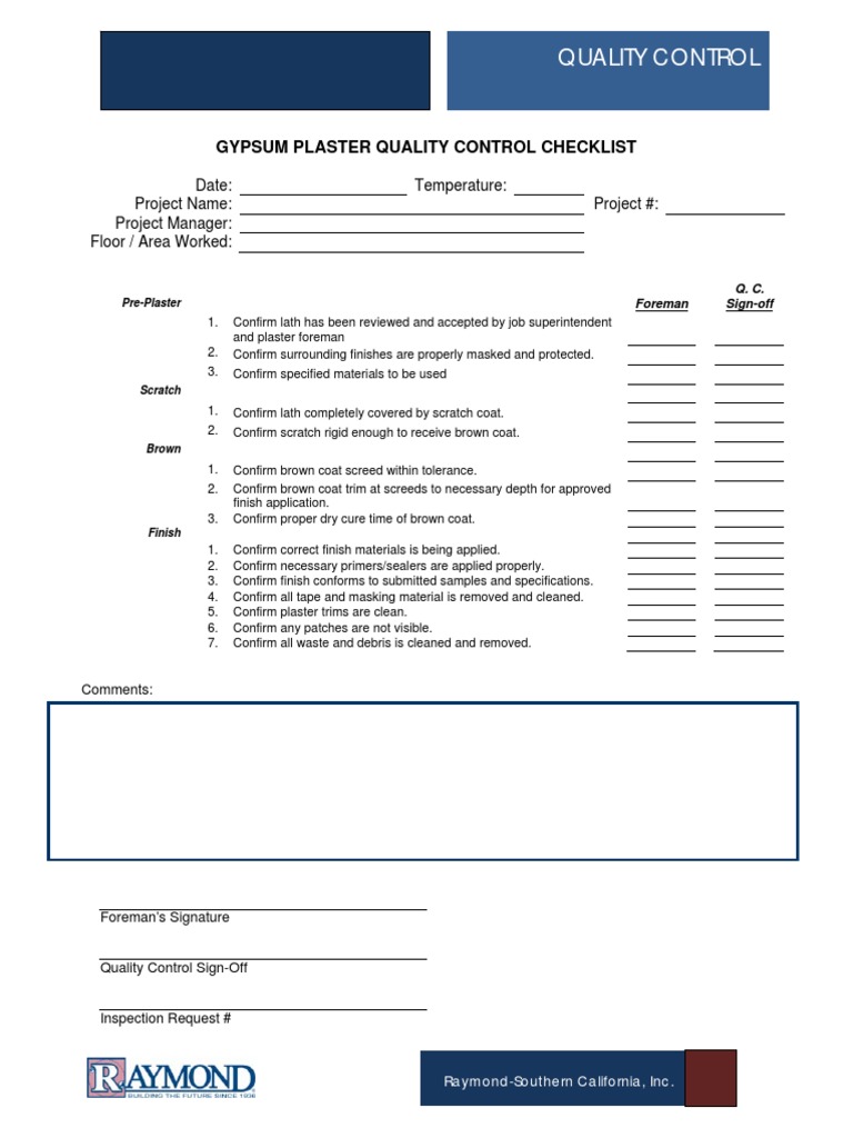 Gypsum Plaster Quality Control Checklist | PDF