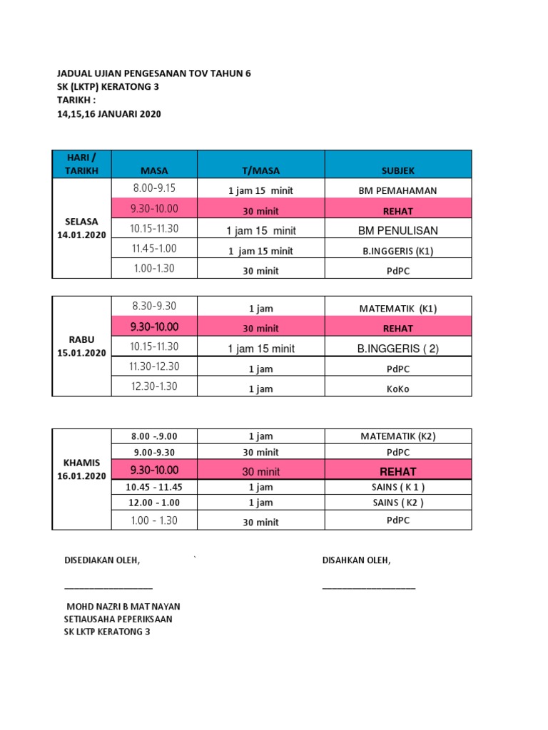 Jadual Ujian Pengesanan Tov Tahun 6 | PDF